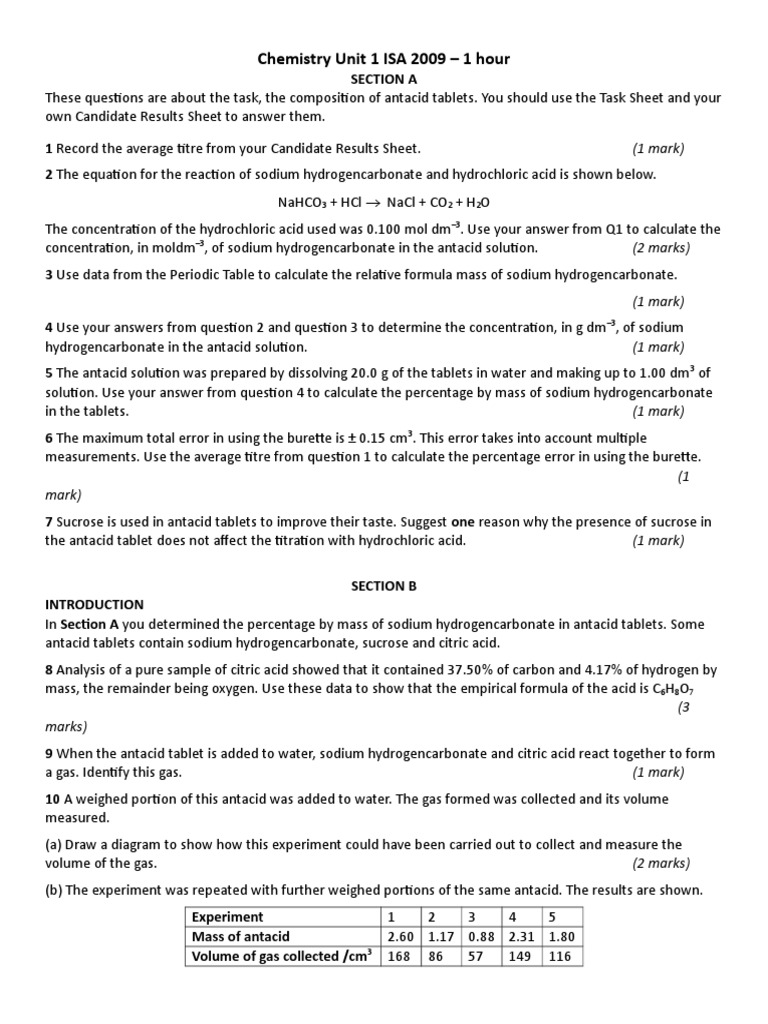 2009 Unit 1 ISA Question Paper | PDF | Sodium Carbonate | Bicarbonate