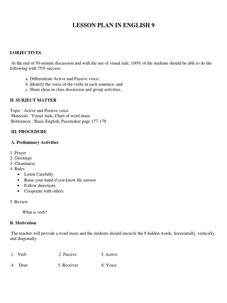 Lesson Plan in English 9: I.Objectives | PDF | Verb | Syntactic ...