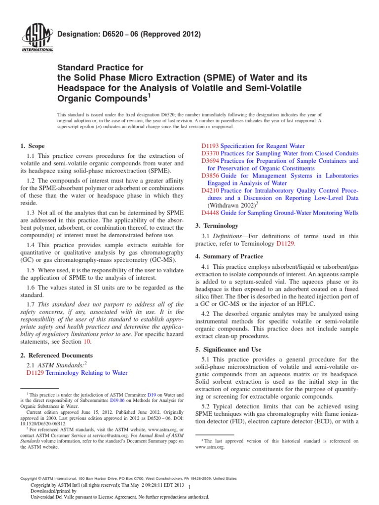 ASTM D6520-06solid Fase Microextraccion de Volatiles Organicos PDF | PDF | Gas Chromatography ...