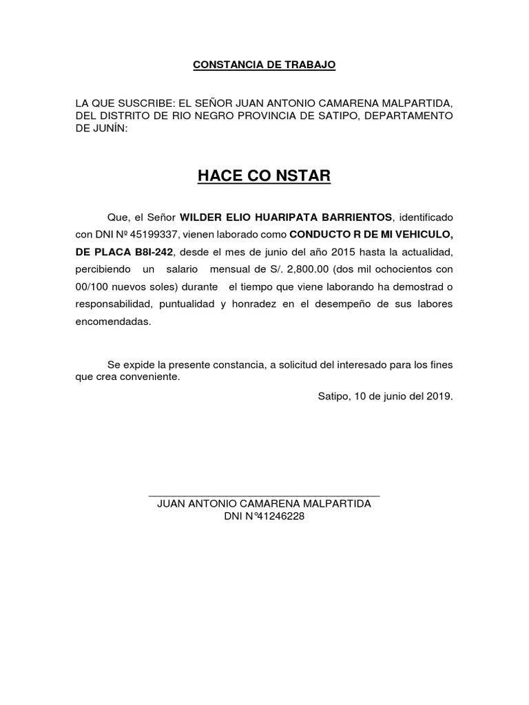 Constancia De Trabajo Choferr Pdf