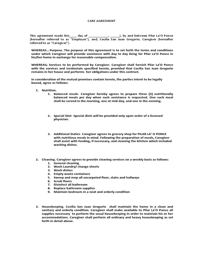 Care Agreement | PDF | Caregiver | Employment