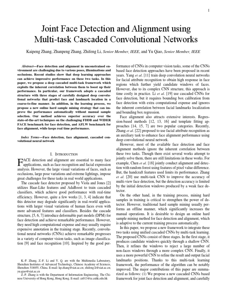 Joint Face Detention And Alignment Using Multitask Cascaded Convolutional Networks Pdf