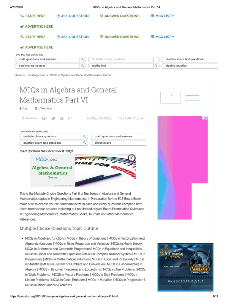 MCQs in Algebra and General Mathematics Part VI PDF | PDF | Multiple ...
