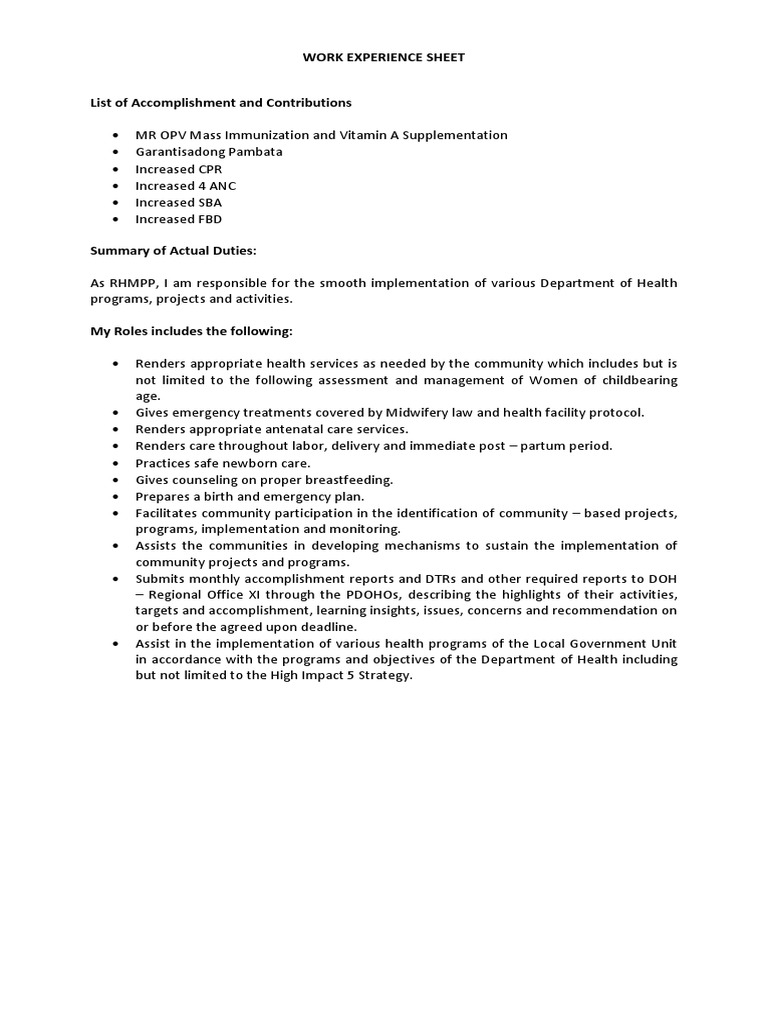 Work Experience Sheet | PDF