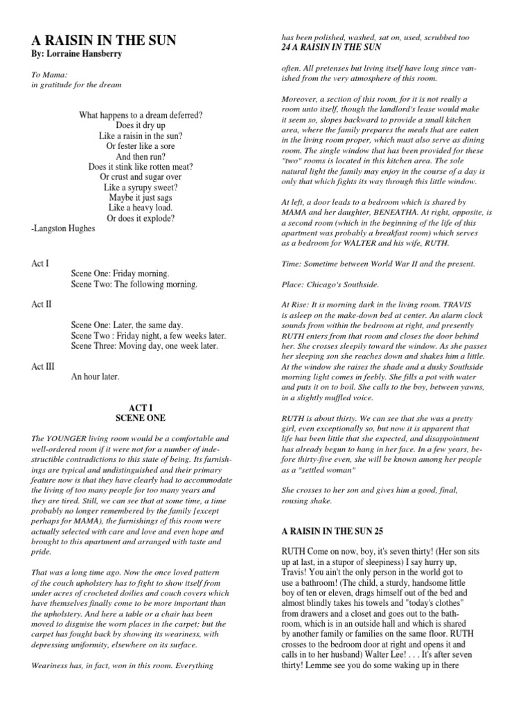 A Raisin in The Sun: By: Lorraine Hansberry | PDF