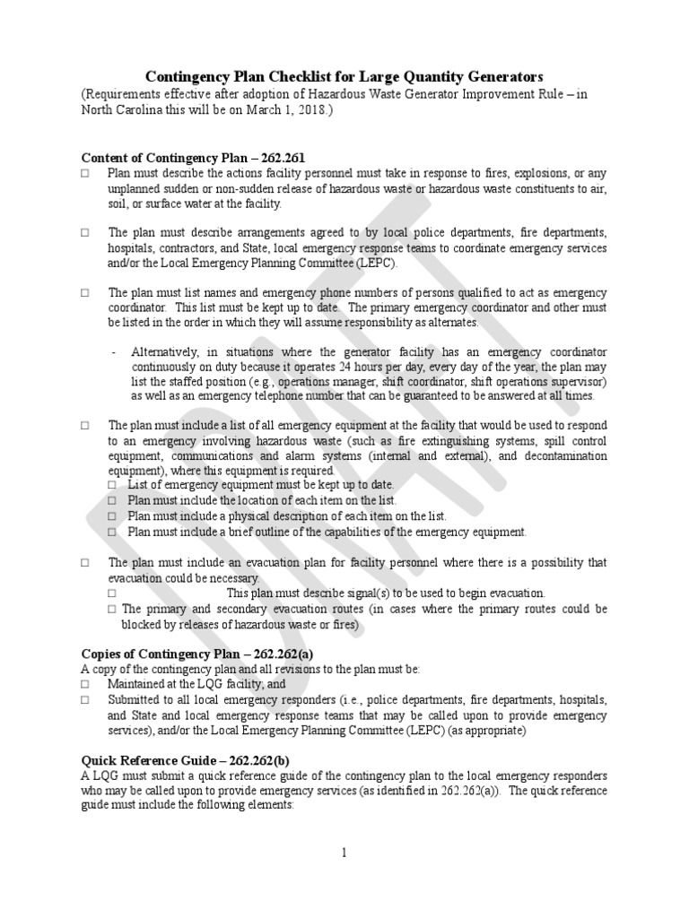 Contingency Plan Checklist With Arrangements - HWGIR | PDF | Emergency ...