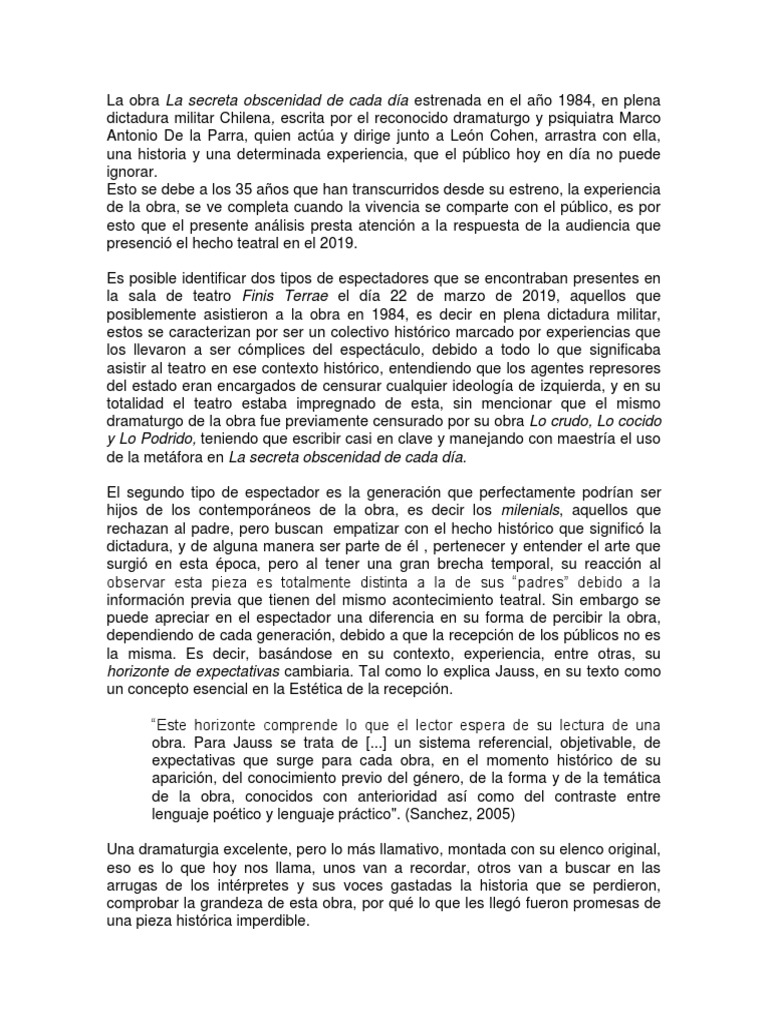 Analisis La Secreta Obscenidad de Cada Dia | PDF | Teatro ...