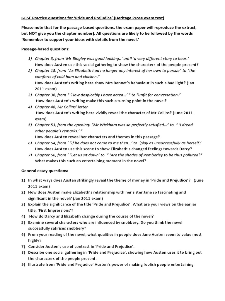 GCSE Exam Practice Questions For Pride and Prejudice | PDF | Pride And ...