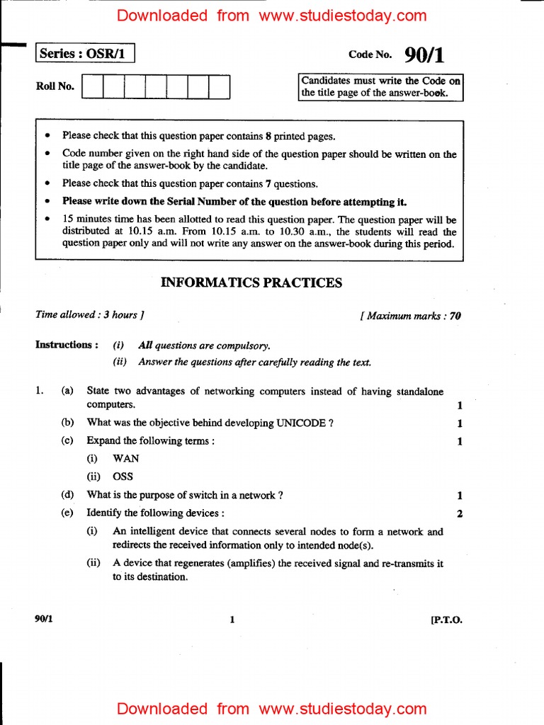 CBSE Class 12 Informatics Practices Question Paper 2014 - Set 1 | PDF | Computer Network ...