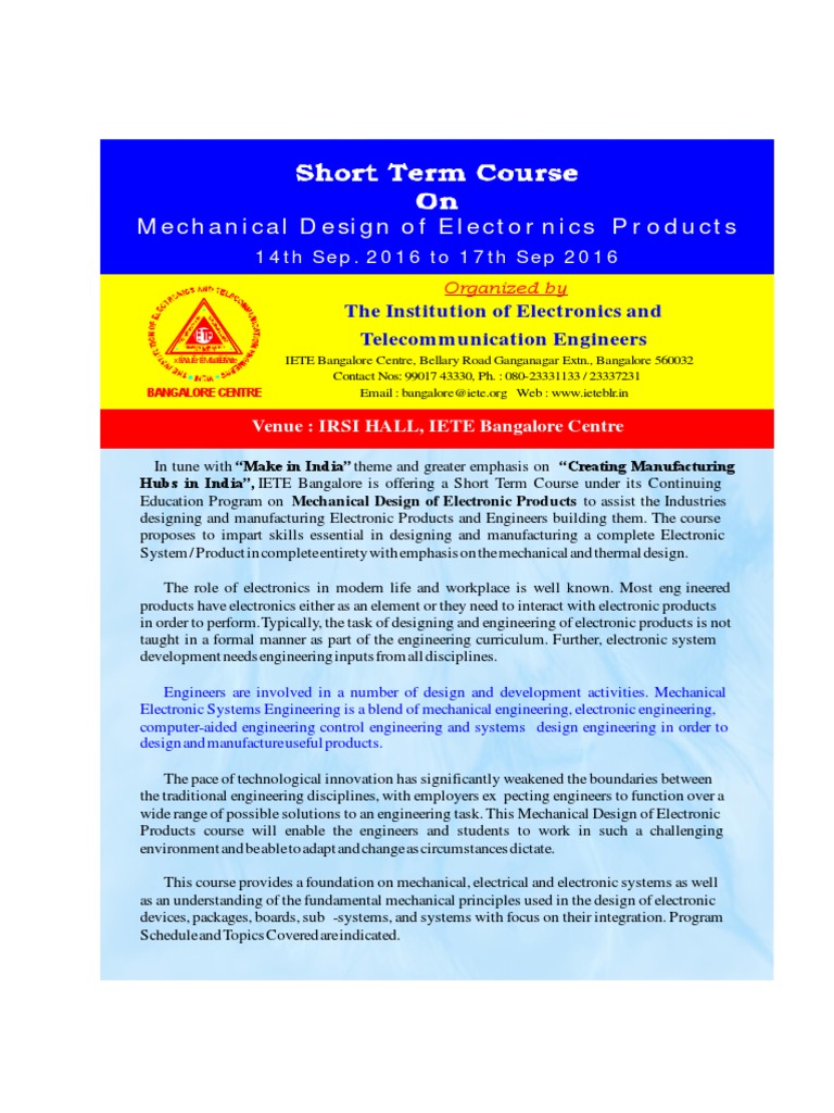 Mechanical Design of Electronics Products: Short Term Course Schedule ...