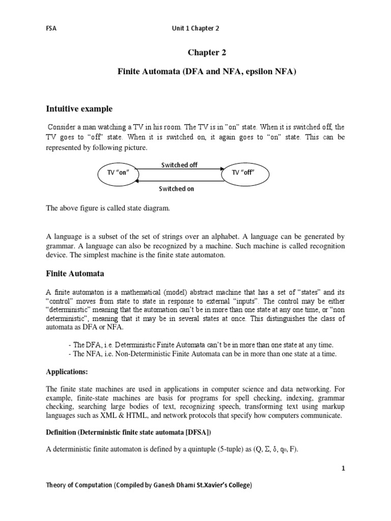 Finite Automata (DFA and NFA, Epsilon NFA) : FSA Unit 1 Chapter 2 | PDF | Formalism (Deductive ...