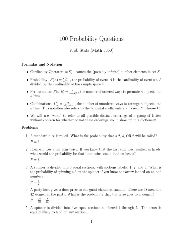 100 Probability Questions and Solutions | PDF | Probability Density ...