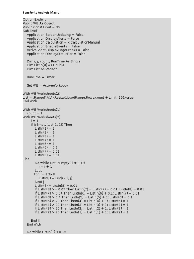 Sensitivity Analysis Macro | PDF | Computer Programming | Areas Of Computer Science