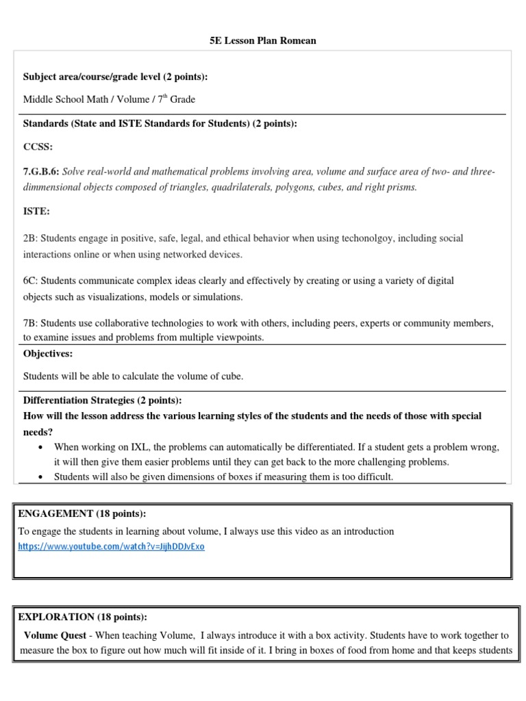 5e Lesson Plan - Volume | PDF | Area | Volume