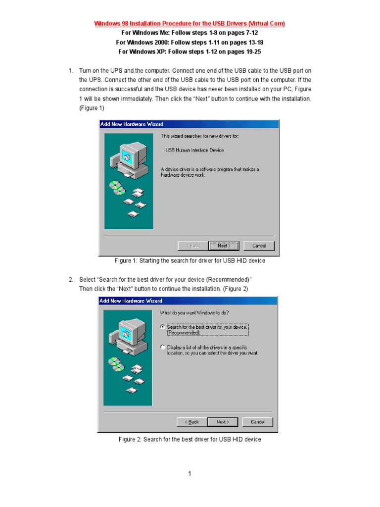 Windows 98 Installation Procedure For The USB Drivers (Virtual Com ...