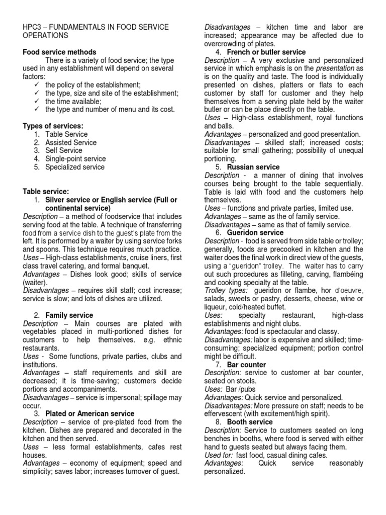 Hpc3 Types Of Table Service PDF Foodservice Fast Food