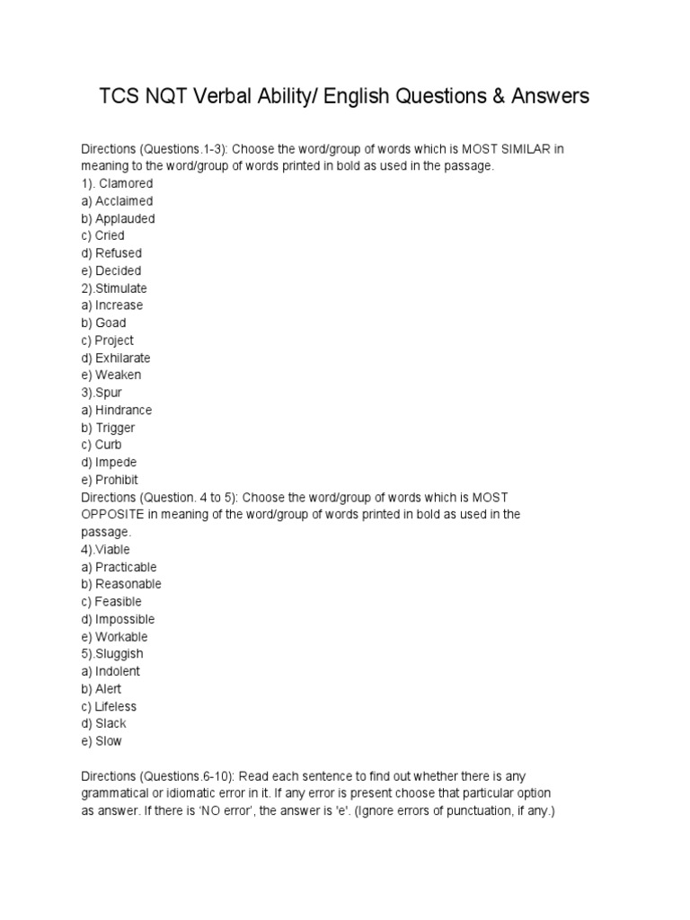 TCS NQT Verbal Ability English Questions & Answers | PDF | Economics ...