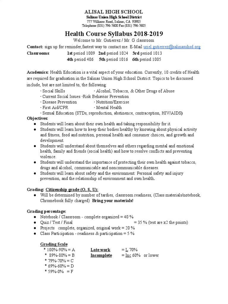 Health Class Syllabus Gutierrez | PDF | Sex Education | Psychology