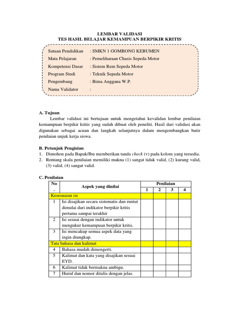 Lembar Validasi Tes Berpikir Kritis | PDF