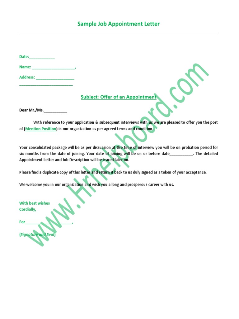 Sample Job Appointment Letter: Subject: Offer of An Appointment | PDF