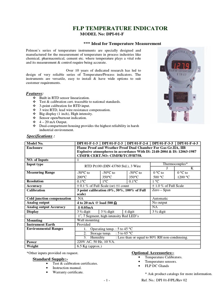 FLP Temperature Indicator Specifications | PDF | Calibration | Celsius