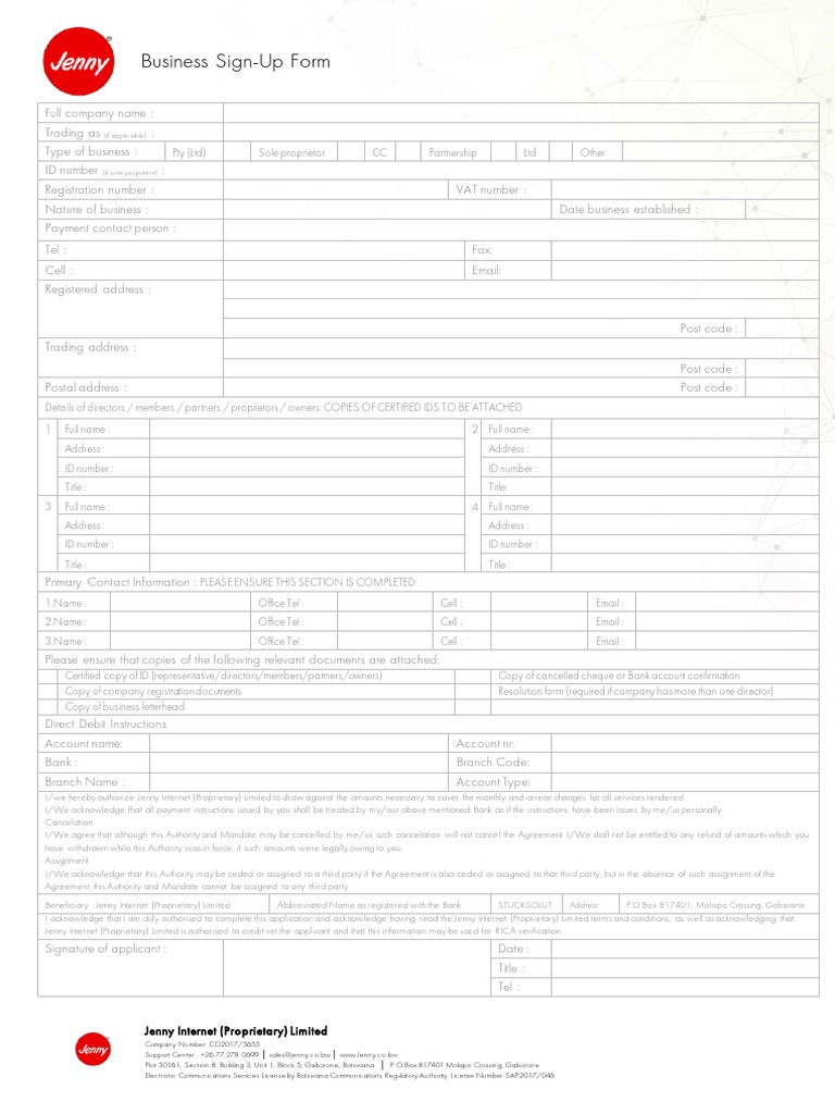 2017-Botswana Business Application Form - Jenny | PDF | Sole Proprietorship | Payments