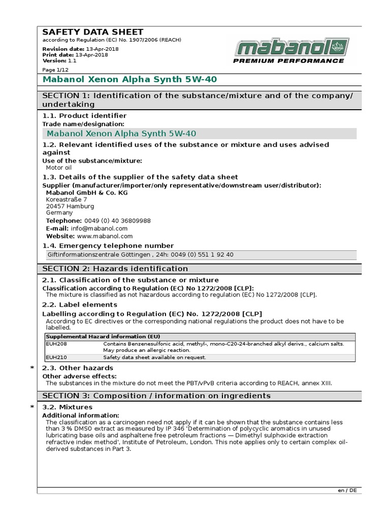 Mabanol Xenon Alpha Synth 5W-40 E | PDF | Dangerous Goods | Toxicity