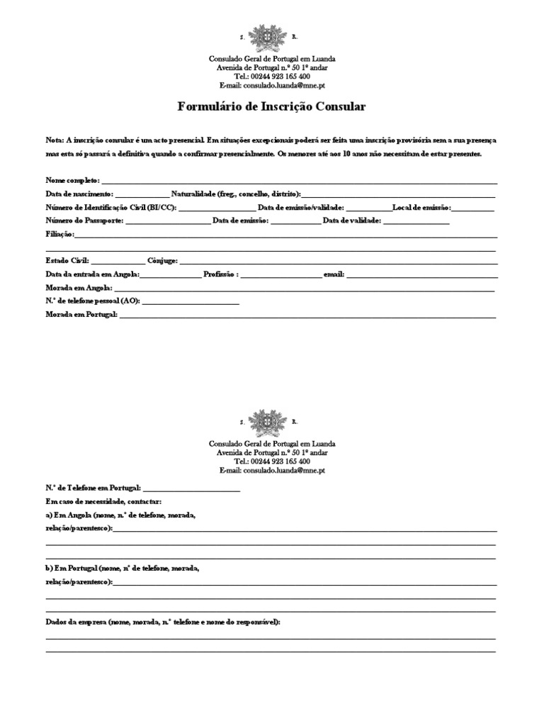 Formulario de Consul | Passaporte | Angola