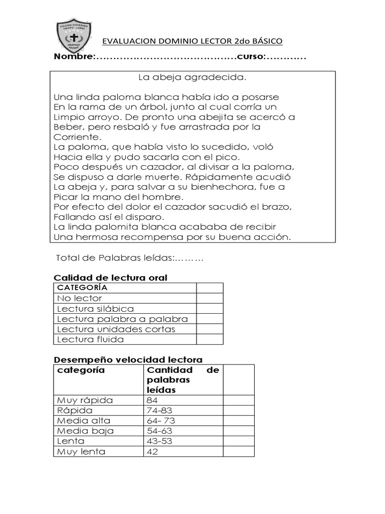 Evaluacion Dominio Lector 2do 3ero Básico | PDF