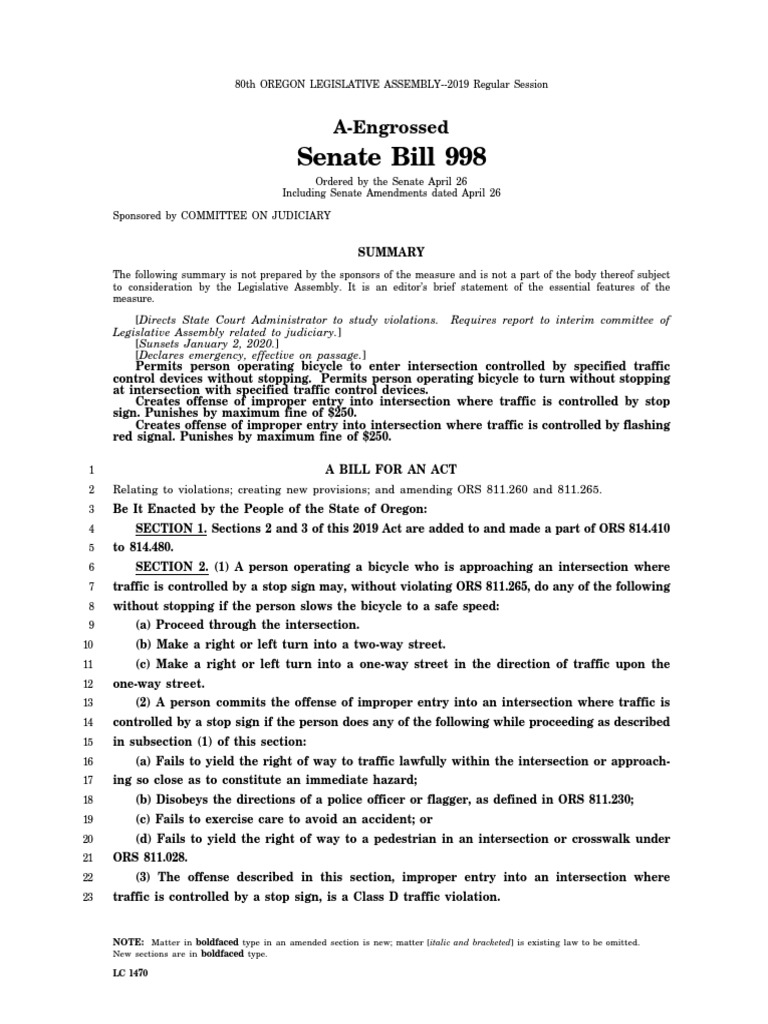 Senate Bill 998 A Engrossed | PDF | Pedestrian Crossing | Traffic