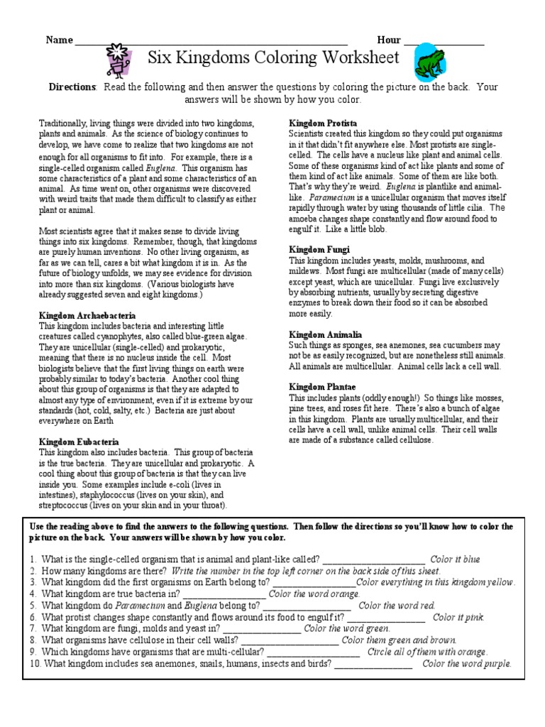 Six Kingdoms Coloring Worksheet: Answers Will Be Shown by How You Color ...