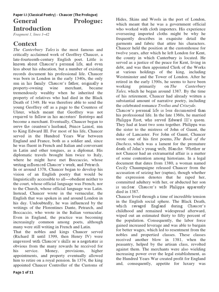 Paper I.I (Classical Poetry) - Chaucer (The Prologue) | Download Free ...