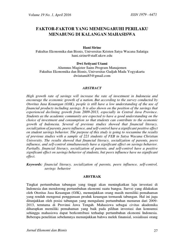 Factors Influencing Savings Behavior Among Students: A Study of the Effect of Financial Literacy ...