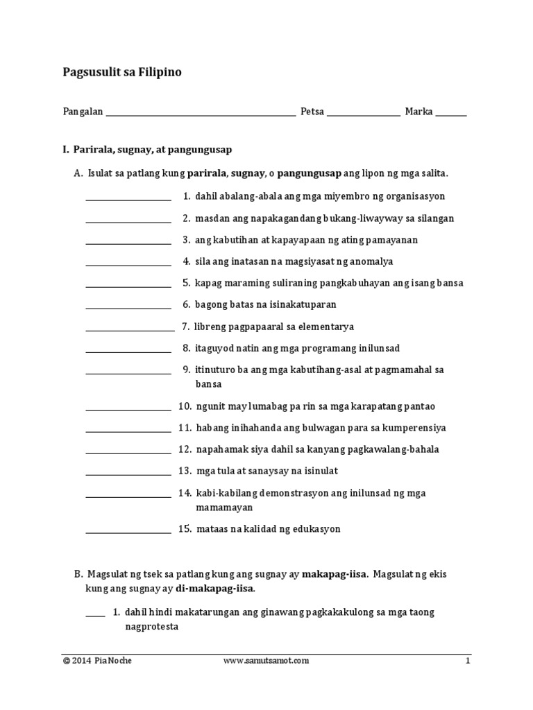 Unang Buwanang Pagsusulit Sa Filipino 62 PDF | PDF