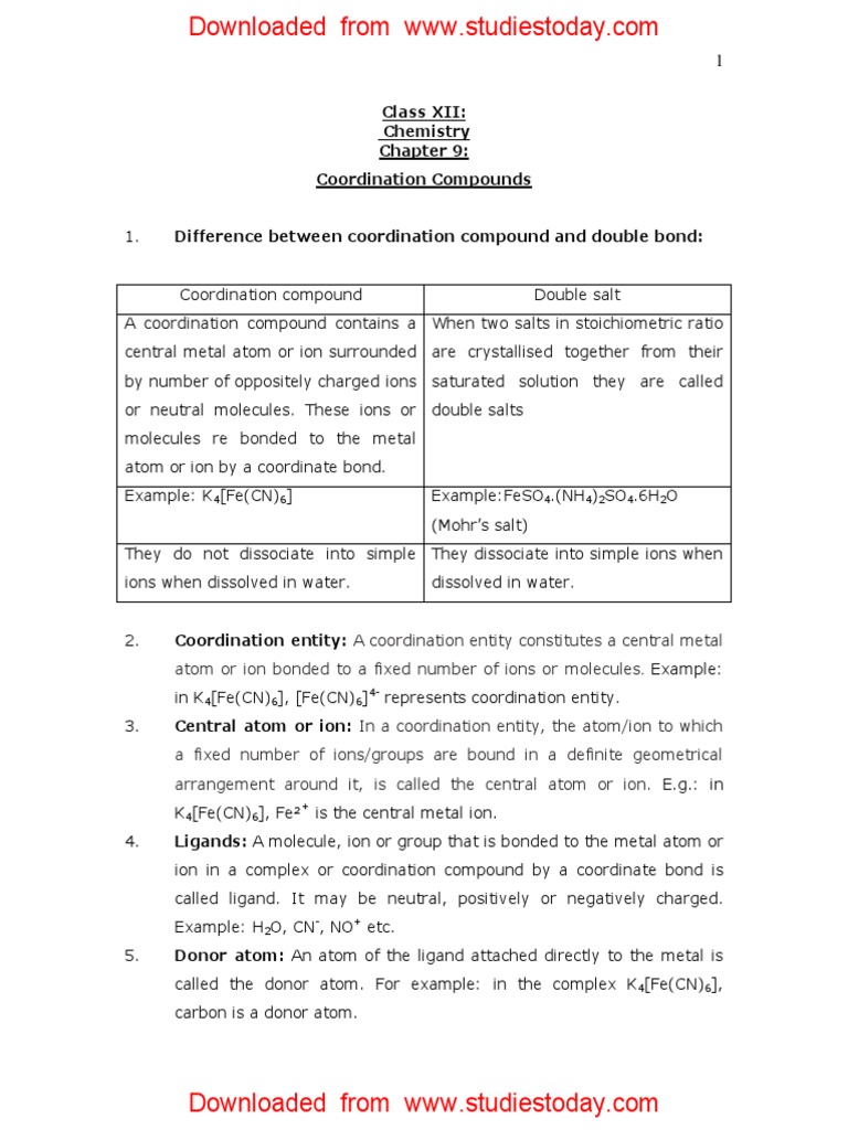CBSE Class 12 Chemistry - Coordination Compounds Chapter Notes | PDF ...