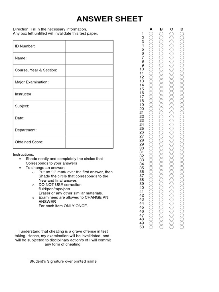 Answer Sheet: A B C D | PDF | Test (Assessment) | Qualifications