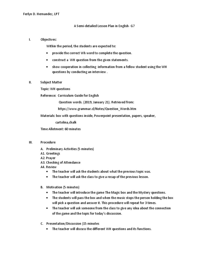 Wh-Questions 4as Lesson Plan Format | PDF | Question | Behavior ...