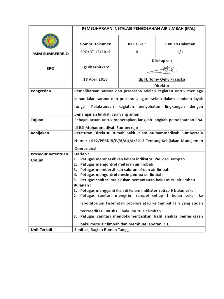 SPO Pemeliharaan IPAL | PDF