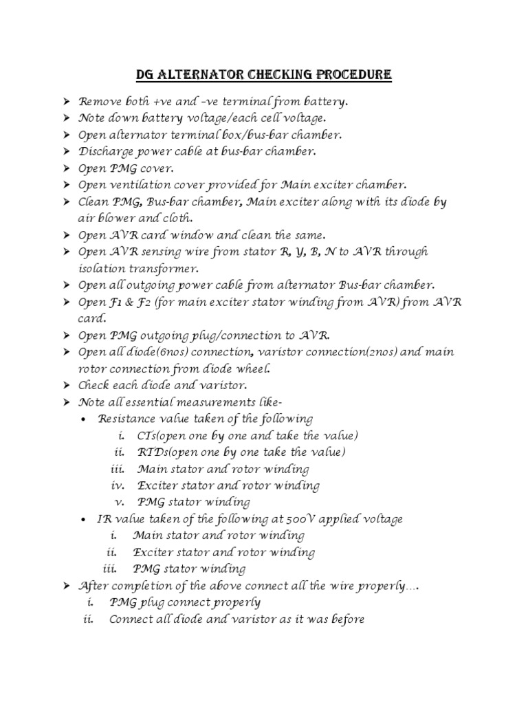 DG Alternator Checking Procedure | PDF | Components | Manufactured Goods