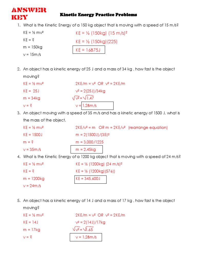 Kinetic Energy Practice Questions Answer Key | PDF | Kinetic Energy | Mass