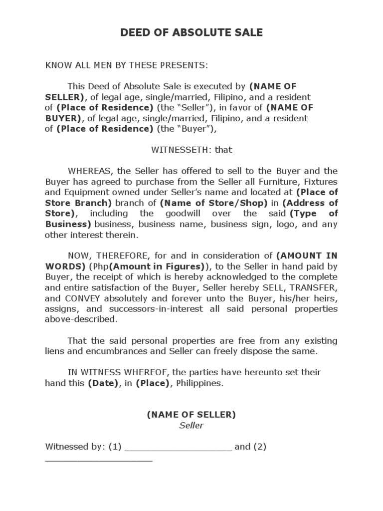 Deed of Absolute Sale-Draft | PDF | Deed | Sales