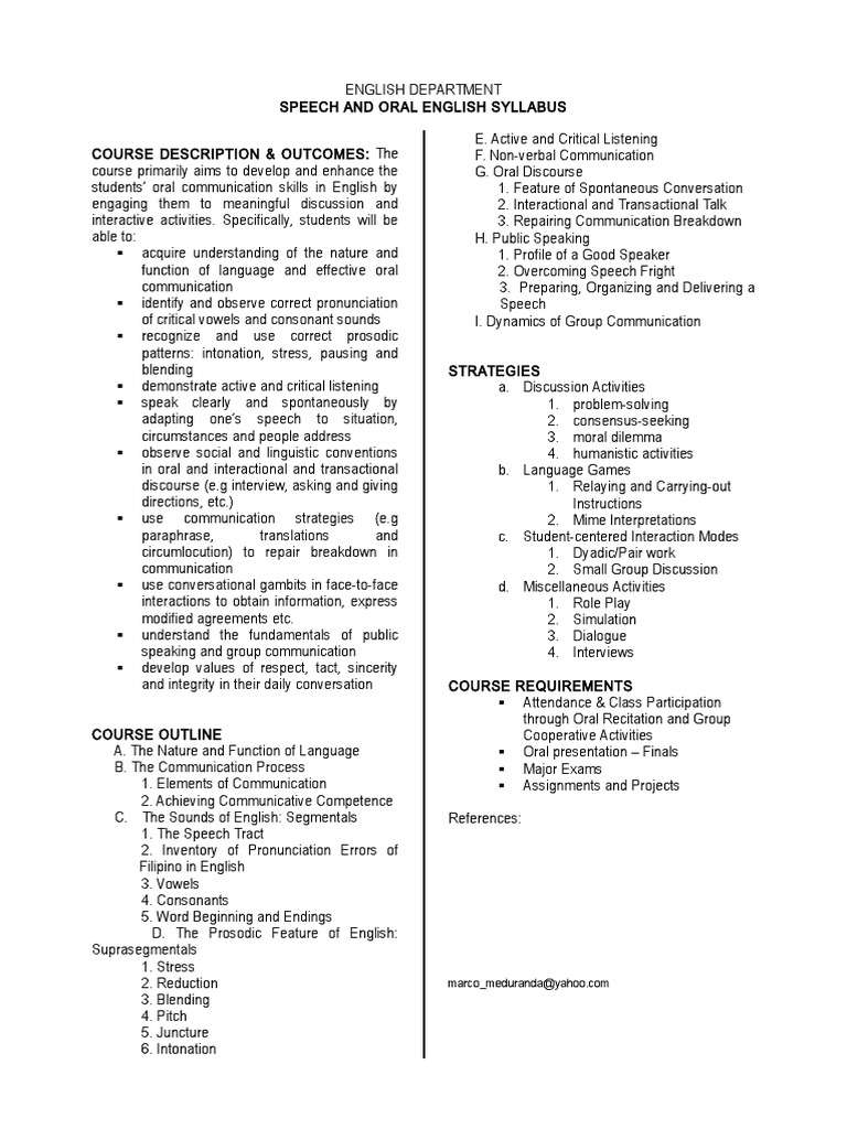Speech and Oral Eng Syllabus | PDF | Speech | English Language