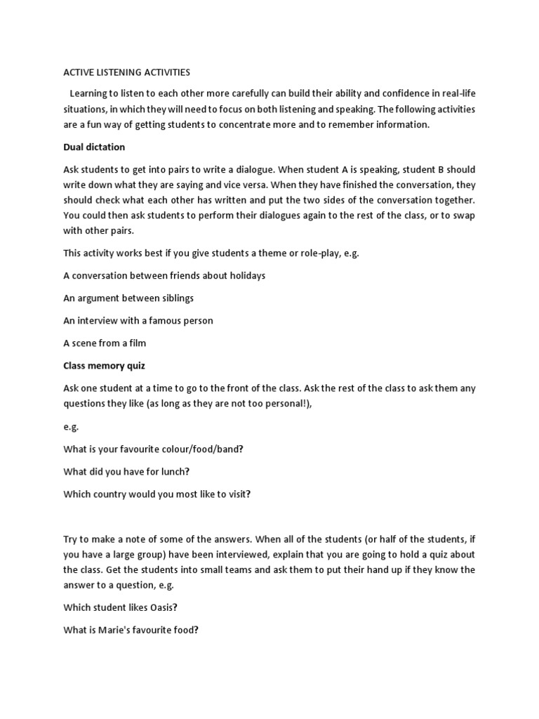 Engaging Active Listening Activities | PDF | Language Arts & Discipline ...