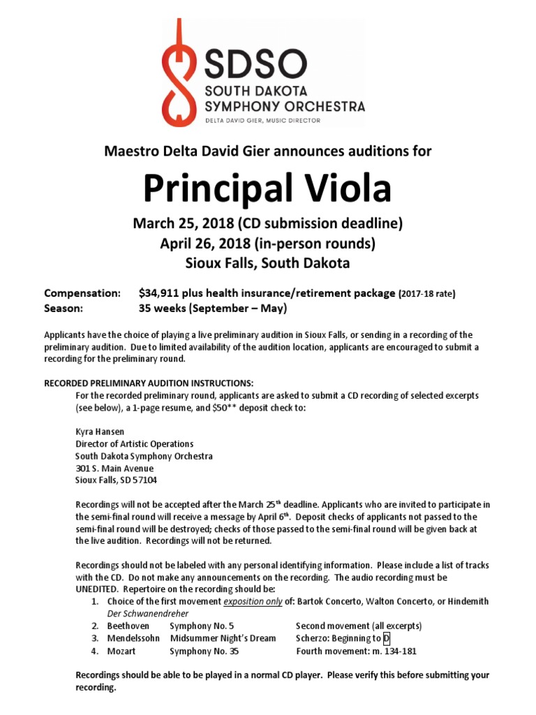 Principal Viola - New Audition Date | PDF | String Quartet | Orchestras