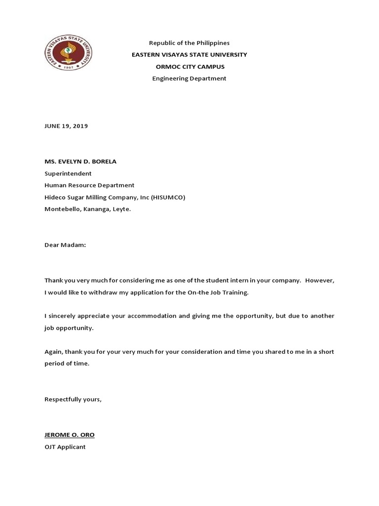 EVSU Ormoc Campus Engineering Student Withdraws from HISUMCO Internship ...