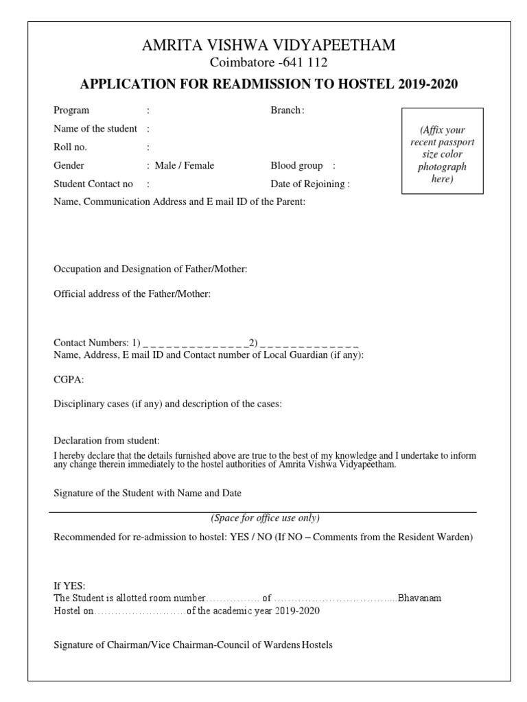Hostel Readmission Form 2019 2020 | PDF