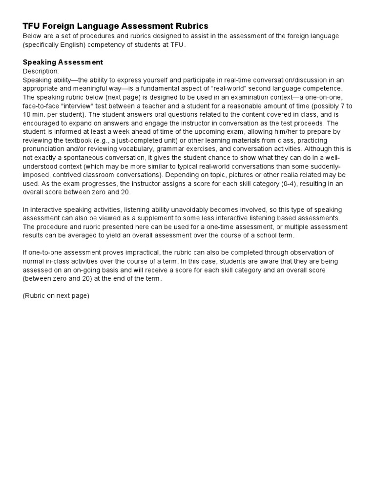 English Language Assessment Rubrics | PDF | Fluency | Essays