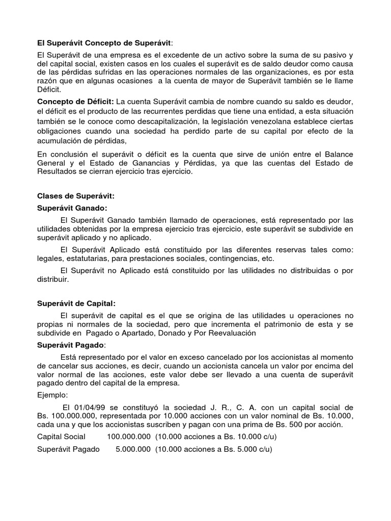 Concepto y Clases de Superávit Contable | PDF | Dividendo | Balance ...