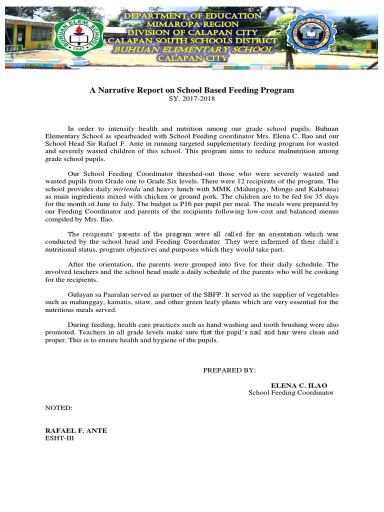 Narrative Report On School Based Feeding Program 2016 | PDF Narrative Report On School Based Feeding Program 2016 | PDF