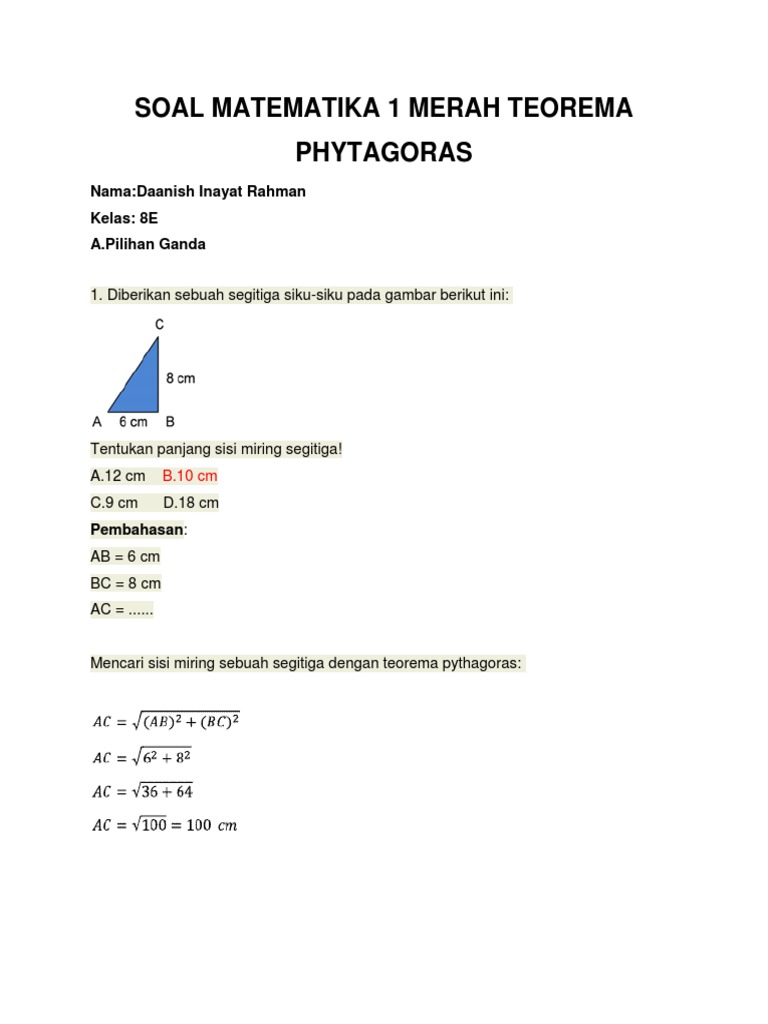Soal Latihan Matematika 1 Teorema Phytagoras | PDF